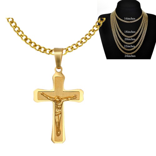 Stainless Steel Gold Plated Jesus Cross Pendant Necklace Cuban Chain 16 ...