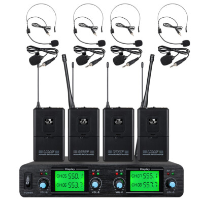 4 Channel Wireless Microphone System UHF 4 Lavalier 4 Bodypacks 4 ...