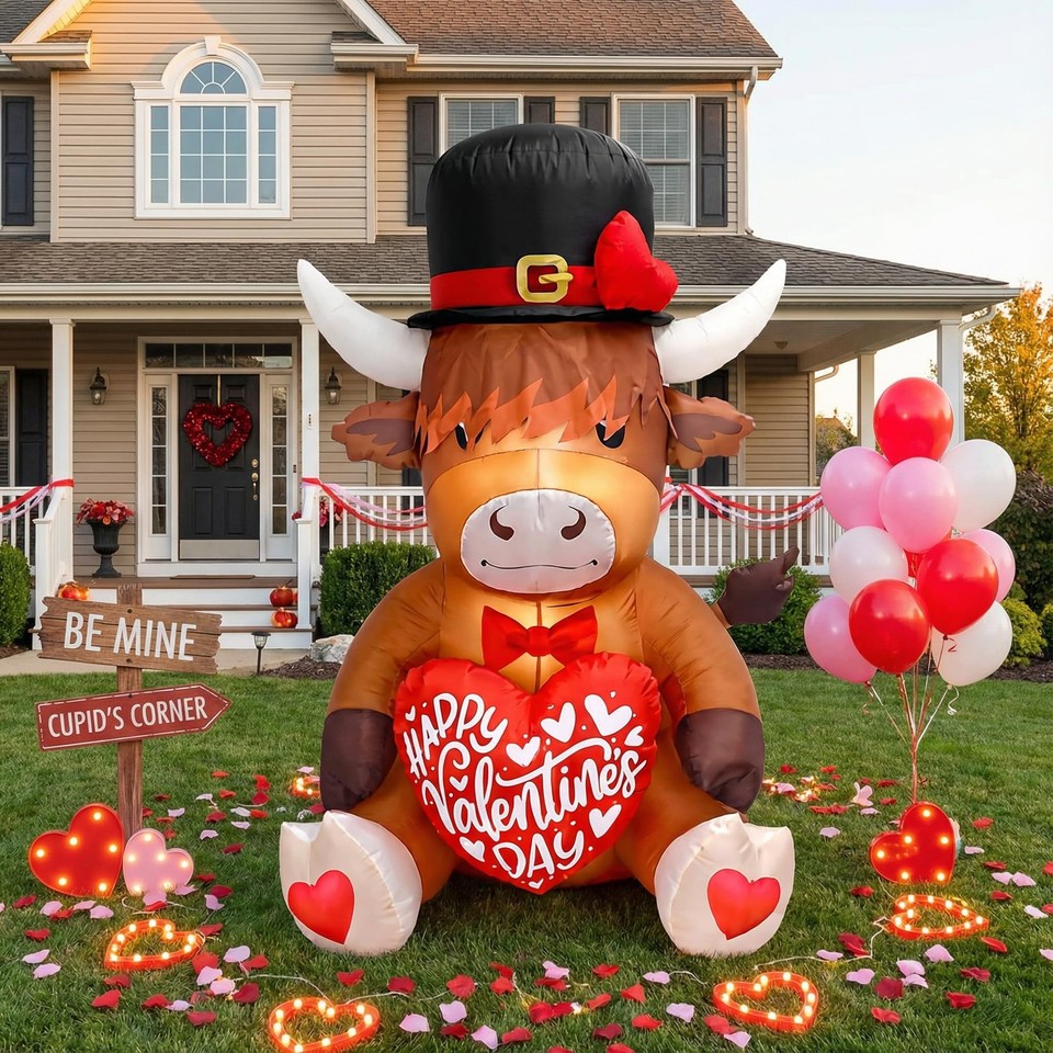 5ft Valentine's Day Inflatable Highland Cow with LED Lights Red Heart ...