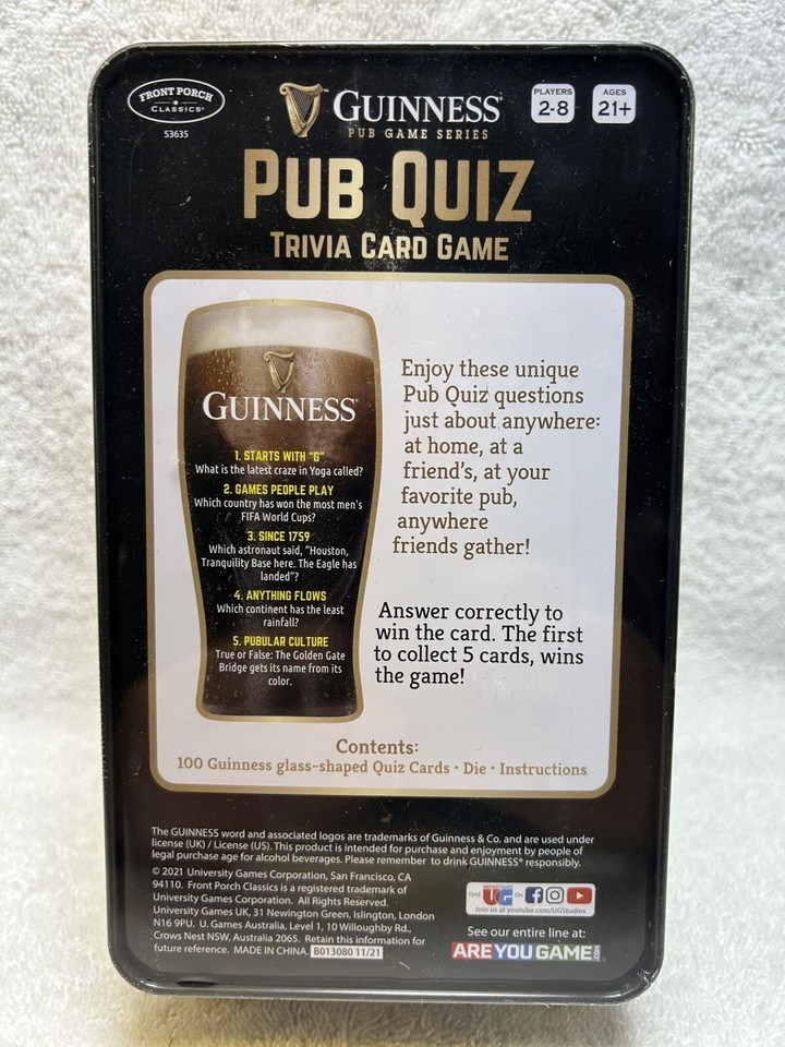 Guinness Pub Quiz Trivia Card Game In Collector Tin 2021 (New/Sealed ...