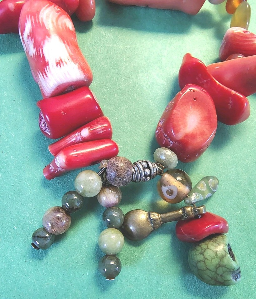 Chunky RED CORAL & Glass, Jasper, Crystal & Howlite Skeleton Stretch ...