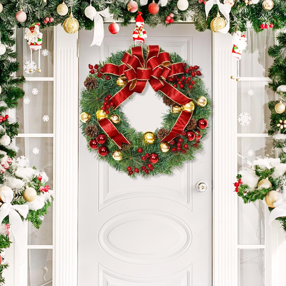 Christmas Wreaths for Front Door with Bow, 16" Christmas Door Wreath ...