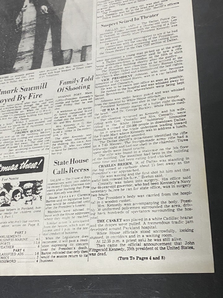 1963 Original Front Page Newspaper Kennedy Assassinated; Gov. Connally ...