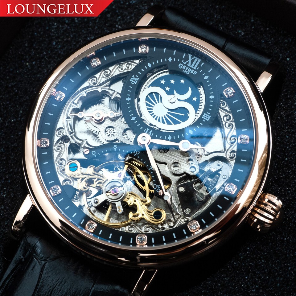 Mens Dual Time Automatic Mechanical Watch Rose Gold Black Dial Black ...