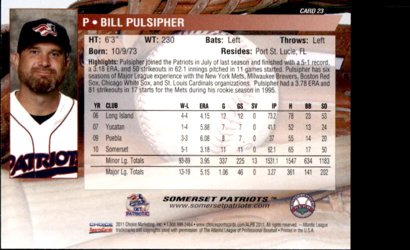 2011 Somerset Patriots Choice 23 Bill Pulsipher Port Saint Lucie ...