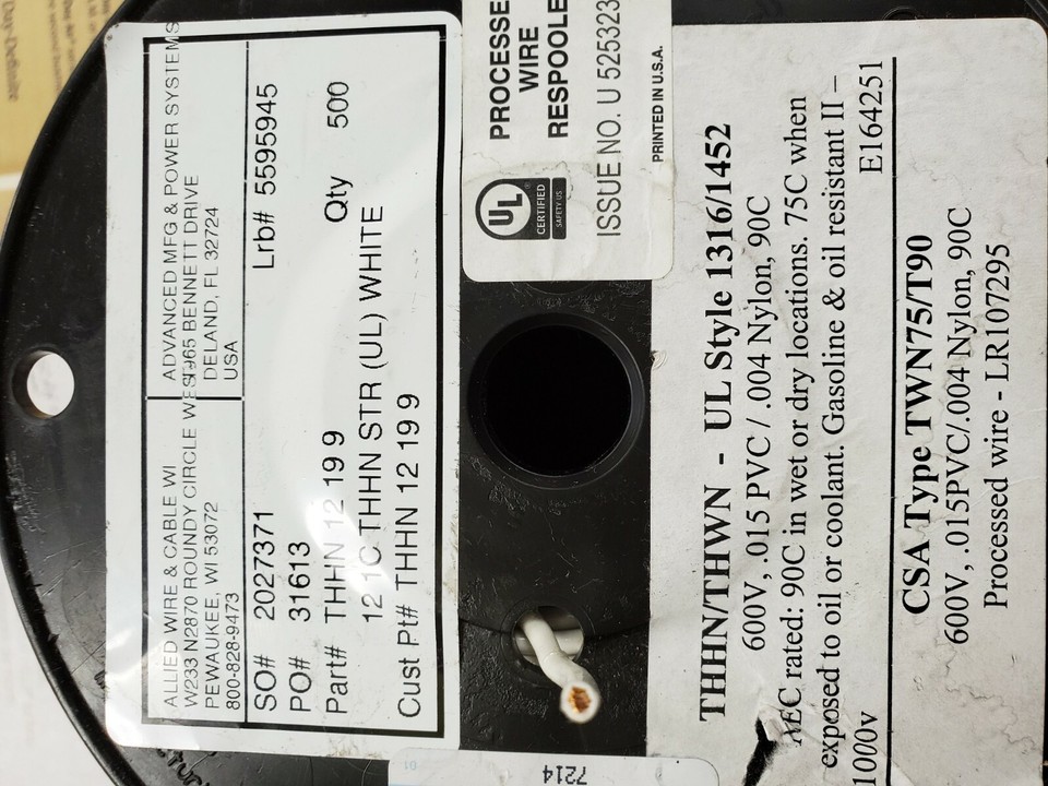Copper WHITE 600 volt CSA Type TWN75/T90 Processed wire-LR107295 (500FT ...