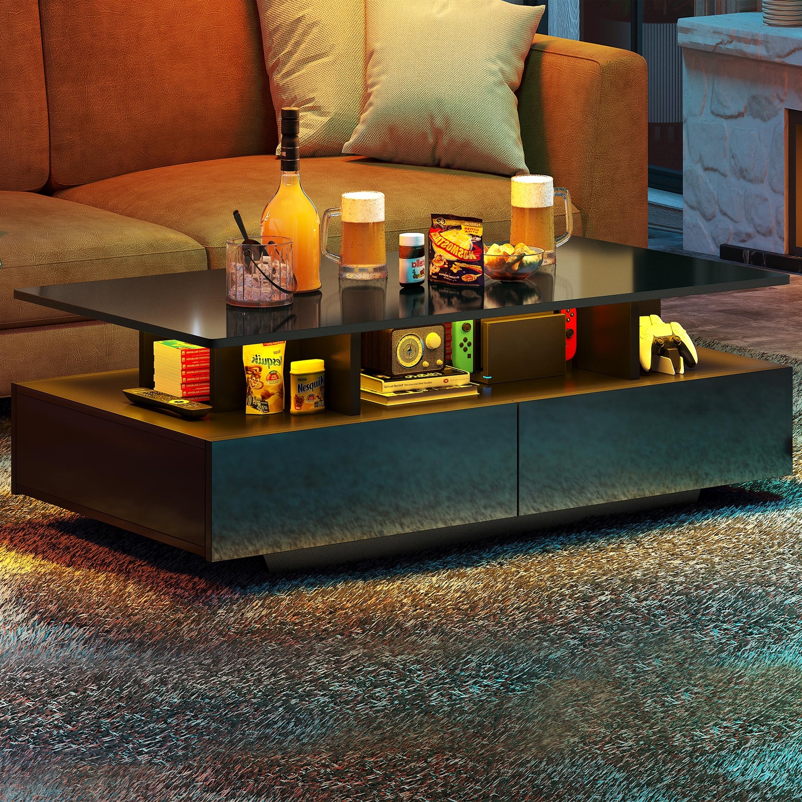 High Gloss Coffee Table Center Cocktail Table with LED Lights & Sliding ...