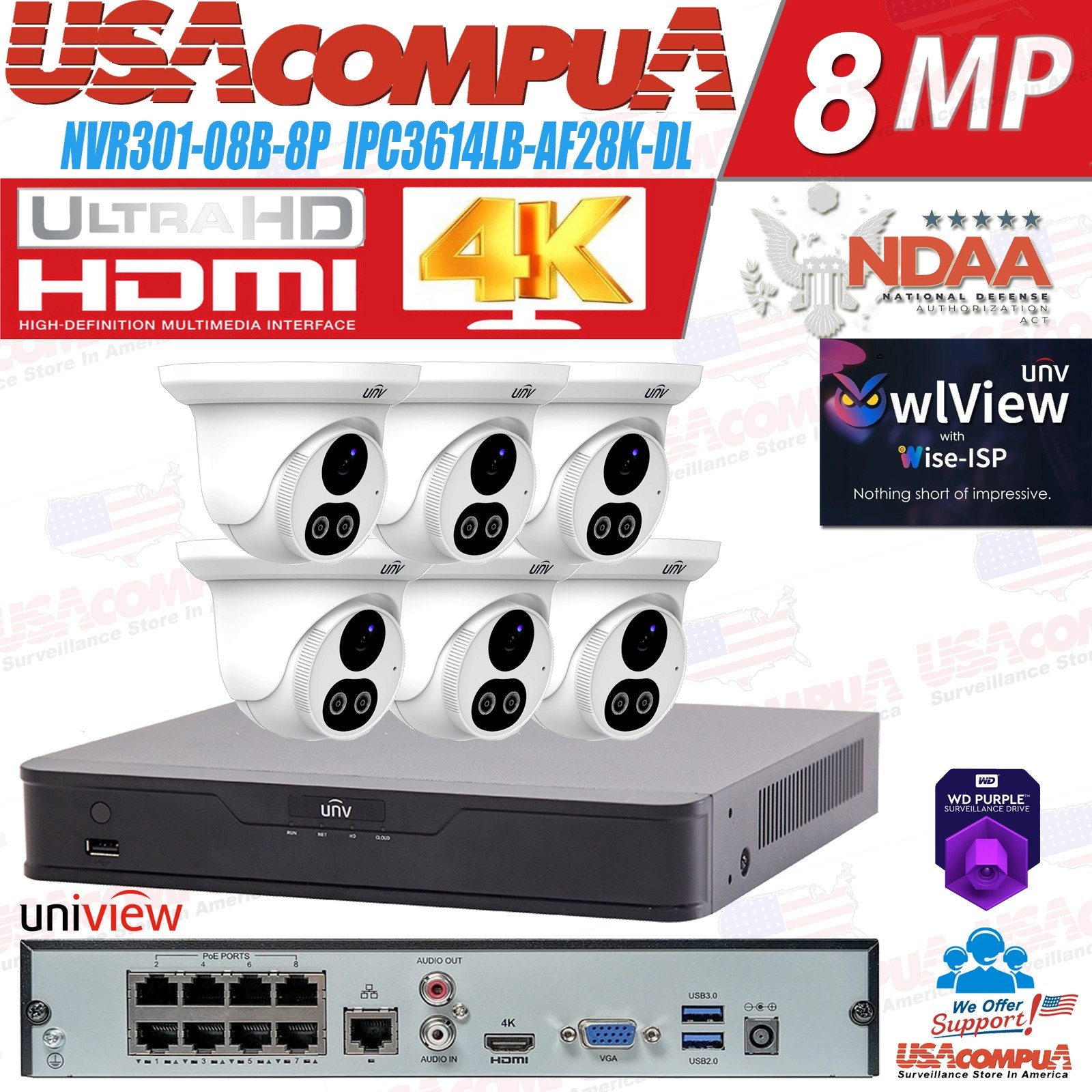 UNIVIEW IP67 8-Ch+4K NVR Network Uniview 6x4MP NDAA Audio IP Camera ...
