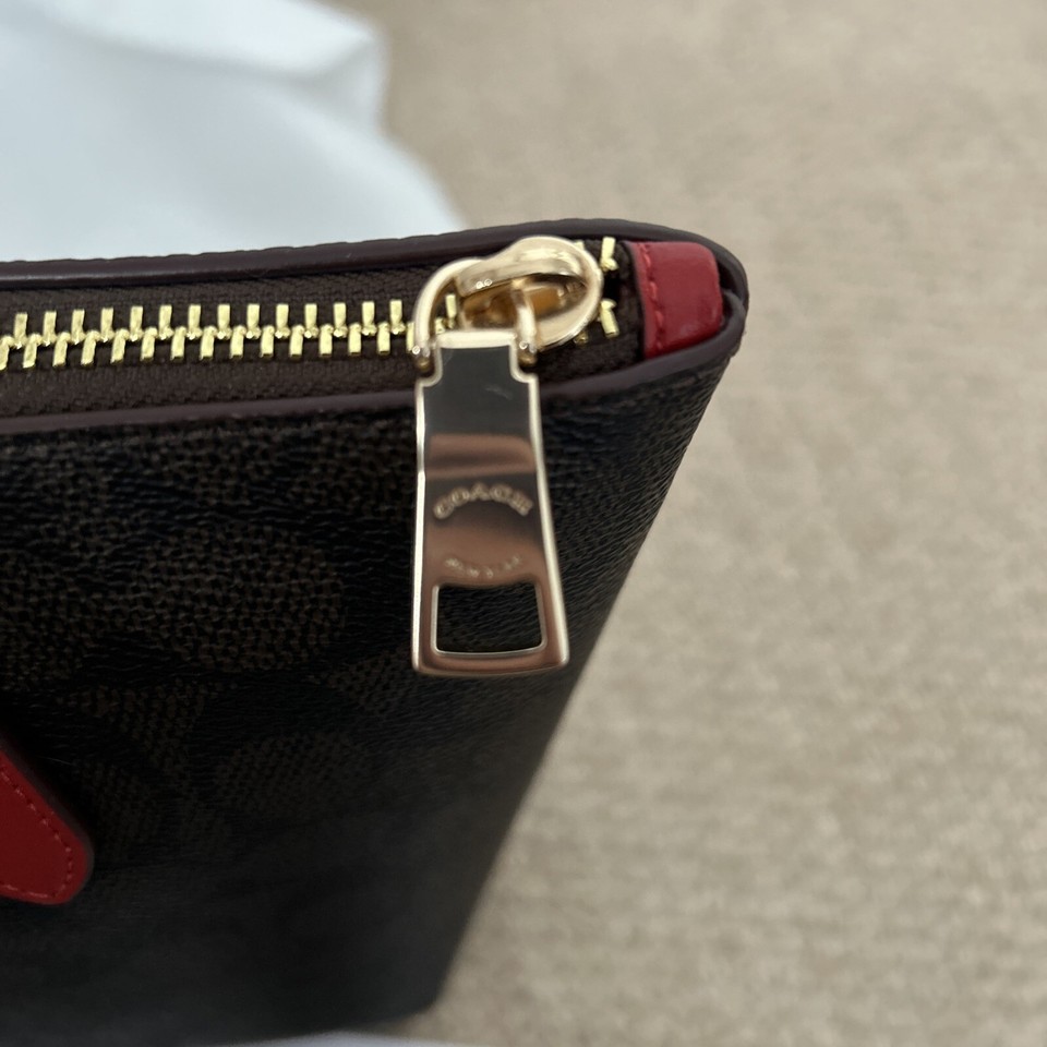 Coach Fiona Zip Tote Bag Signature Canvass Walnut/Black/Red Style No ...