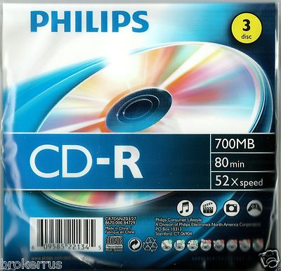 3 pack Philips CD-R 700MB 80min 52x Speed DISCS 80 minutes cd compact ...