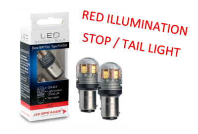 JW SPEAKER LED BAYONET BULB RED 12/24V P21/5W BAY15d BASE *PAIR* 990144 ...