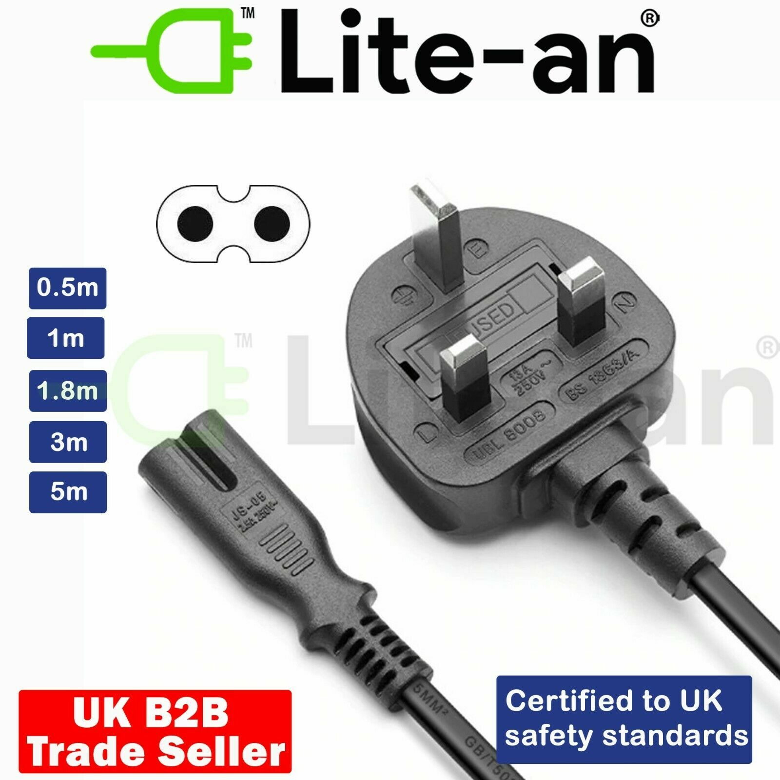 Figure of 8 Mains Cable / Power UK Lead Plug Cord C7 Fig 8 IEC C7 Power ...