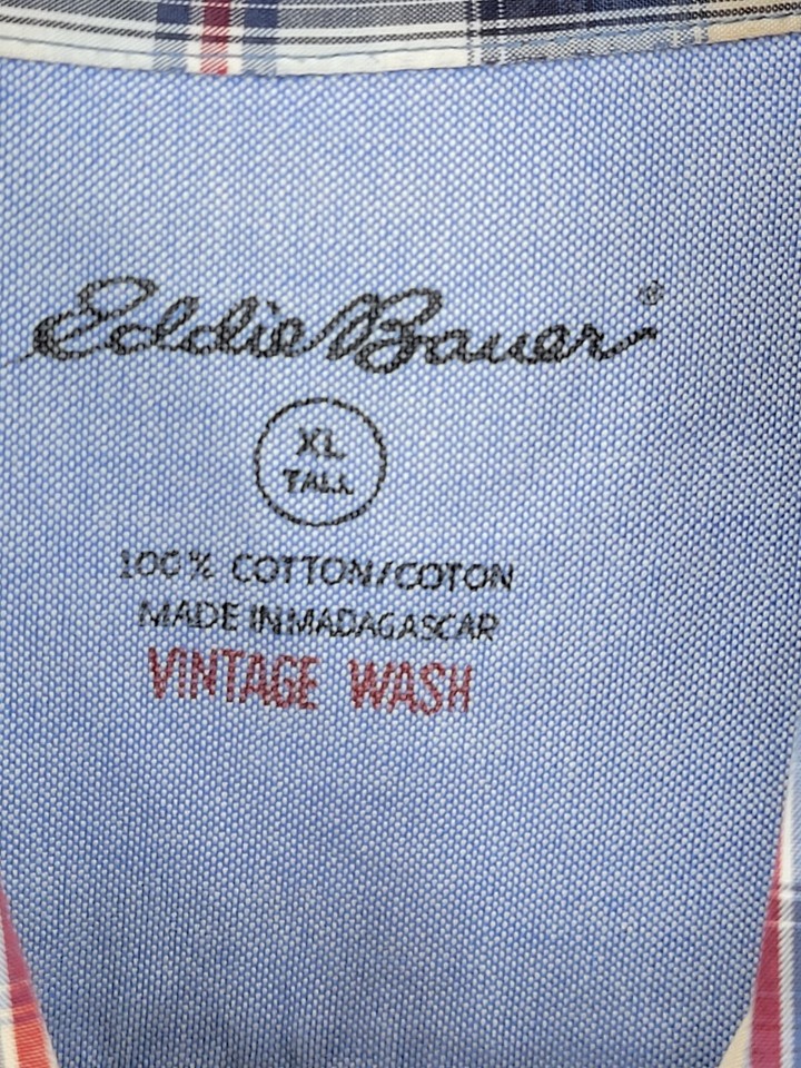 Eddie Bauer Shirt Mens XL Tall Blue Plaid Vintage Wash Long Sleeve ...