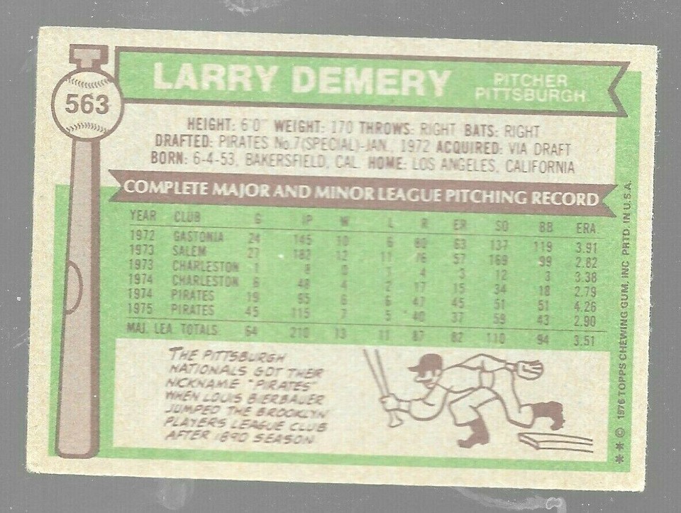 1976 Topps Larry Demery 563 Pittsburgh Pirates Baseball Card | eBay