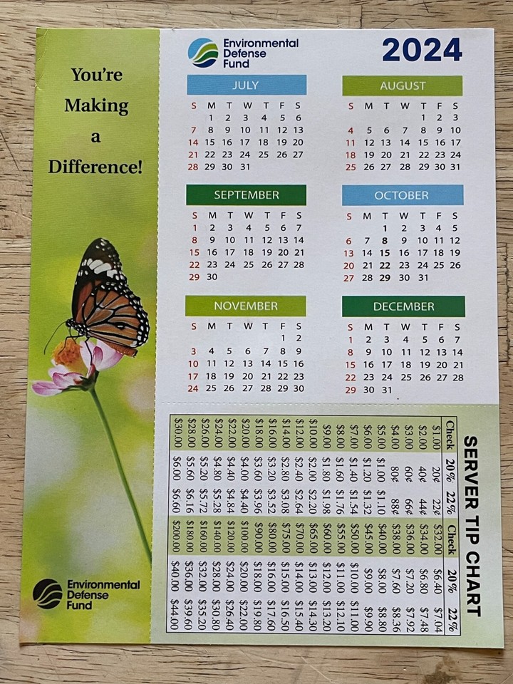 Enviornmental Defense Fund - 2024 & 2025 Calendar Card - Tip Chart ...