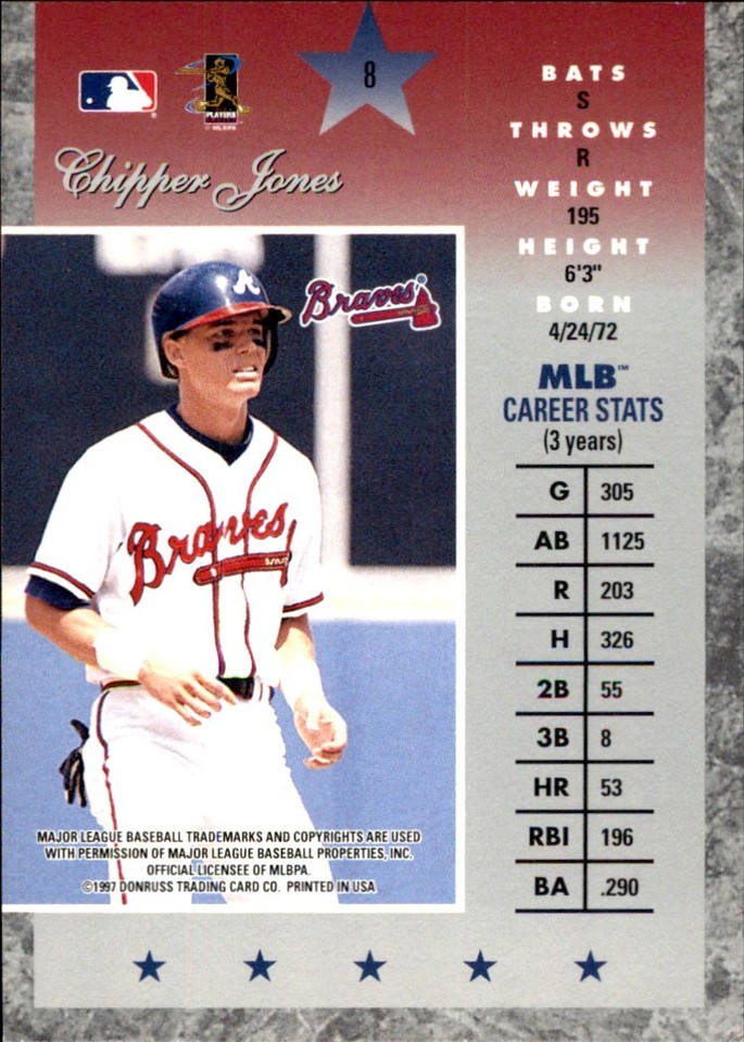 Chipper Jones 1997 Donruss Elite #8 Atlanta Braves FREE SHIPPING ...