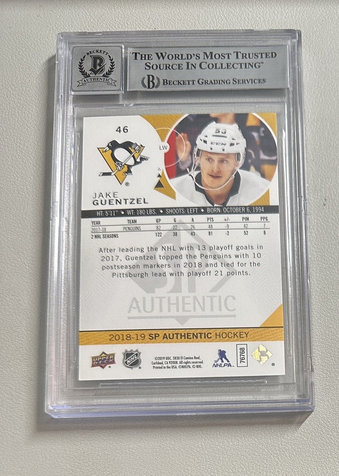 2018-19 UD SP Authentic Jake Guentzel - BGS 10 On-card AUTO slab ...