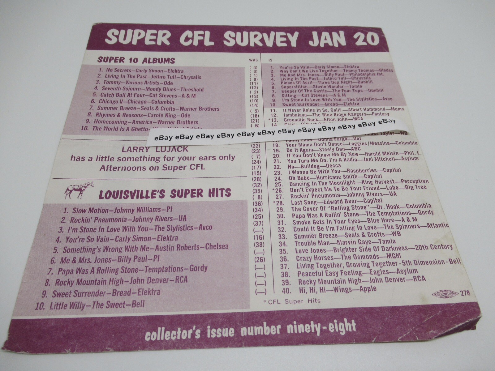 WCFL Super CFL Survey Chicago JAN 20, 1973 Carly Simon #1 Top 40 Radio ...