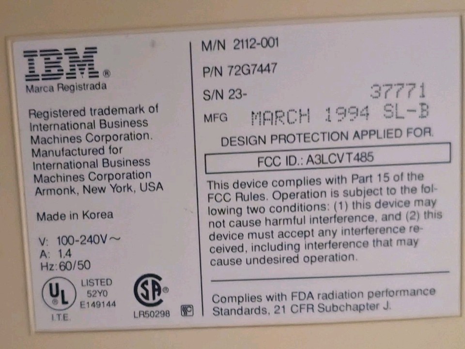 Vintage 1994 IBM Computer Monitor 14R 39 S/N 23-27771 Serial Port ...