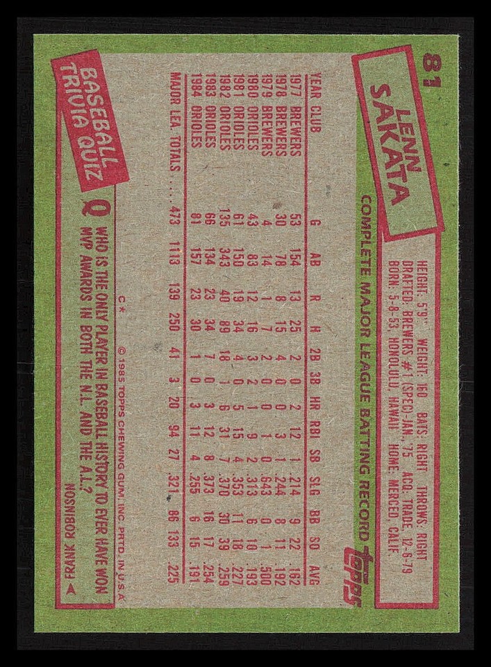 Lenn Sakata 1985 Topps #81 Baltimore Orioles | eBay