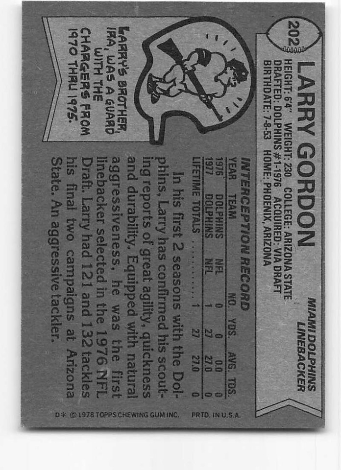 1978 Topps #202 Larry Gordon EX Excellent Dolphins 115170 | eBay