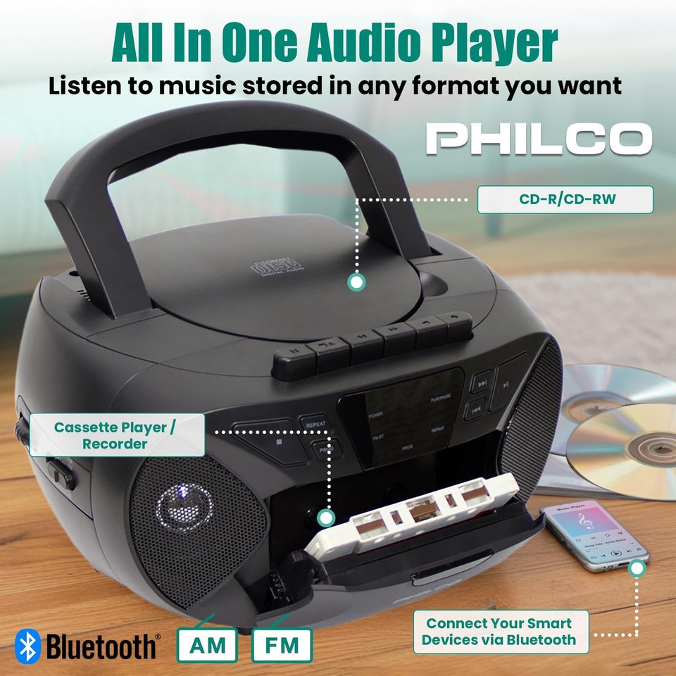 Portable CD Player Boombox Cassette Player Combo with Bluetooth, FM ...