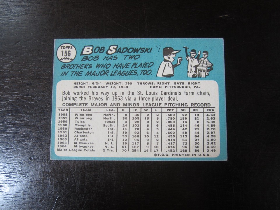 1965 Topps # 156 Bob Sadowski Card Milwaukee Braves | eBay