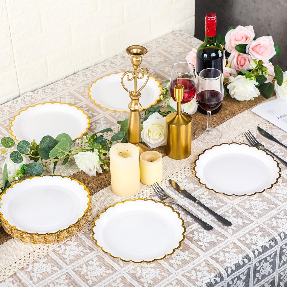 50 Pcs White Scalloped Paper Plates with Gold Foil 9 Inches Disposable ...
