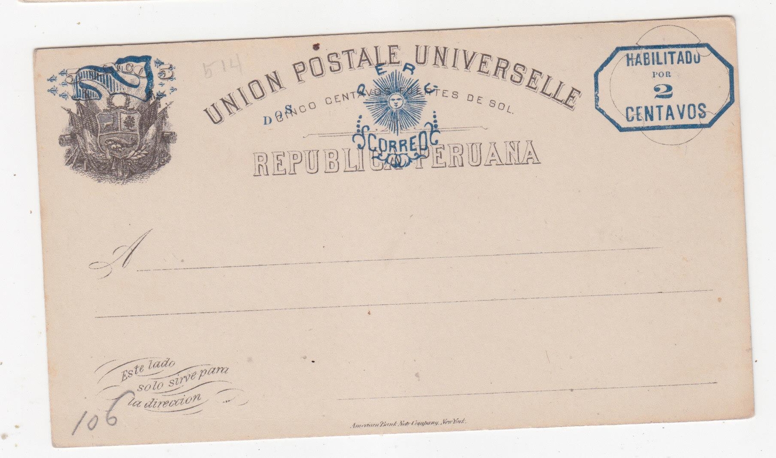 PERU, Postal Card, 1884 2 in Blue on 5c. Black on White, H & G 14 ...