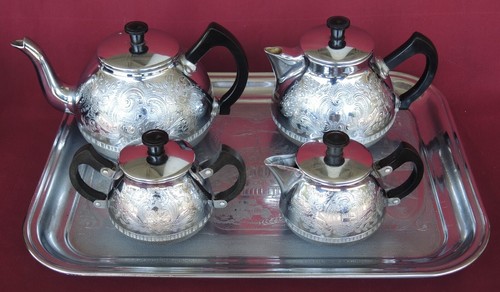 USSR 1967 Nickel TEA SET 5 pcs. ROCKET Cosmonaut SICKLE HAMMER Vintage ...