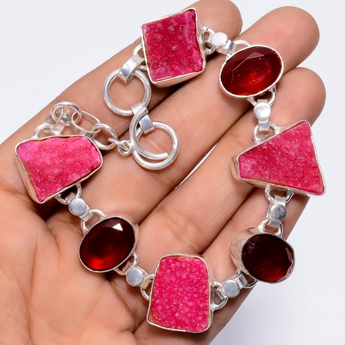 Pink Druzy Red Garnet Gemstone Fashion Jewelry 925 Silver Bracelet 7-8 ...