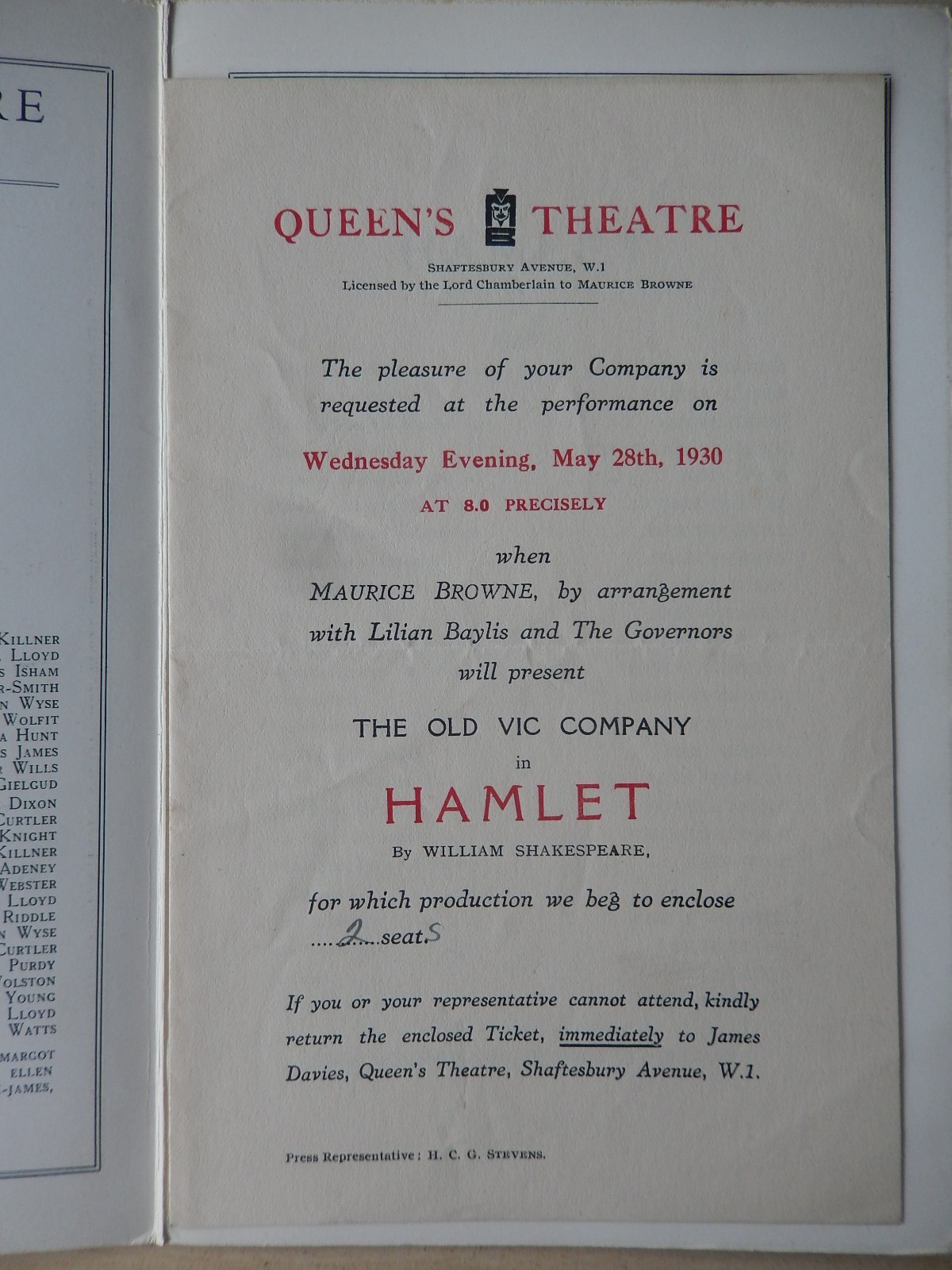 May 1930 - Queen's Theatre Playbill - Hamlet - John Gielgud - Gyles ...
