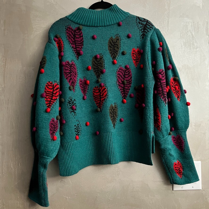 Farm Rio Monstera Hearts Intarsia-Knit Sweater Pom Poms Medium NWT | eBay