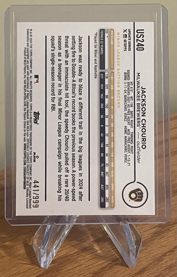 2024 Topps Update Blue Holo Foil #US240 Jackson Chourio /999 RC Team ...
