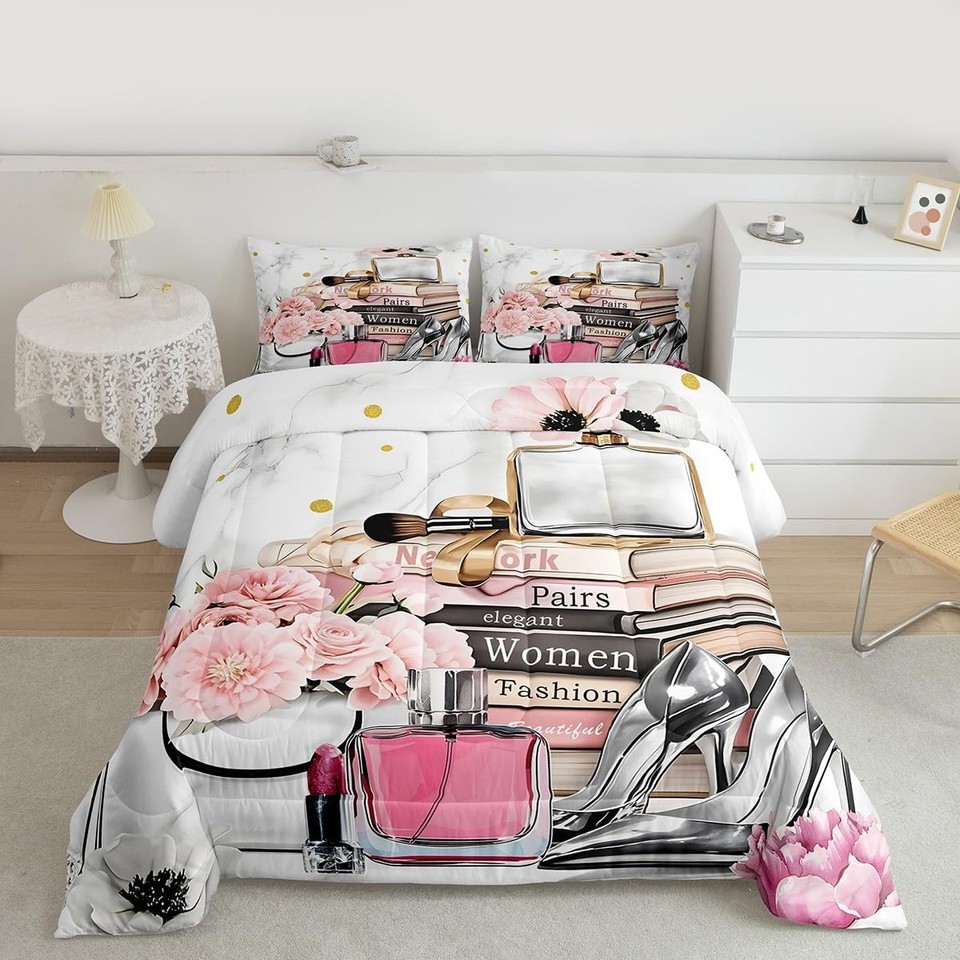 Fashion Pink Comforter Full Size Flower Perfume Girly Bedding Set for ...