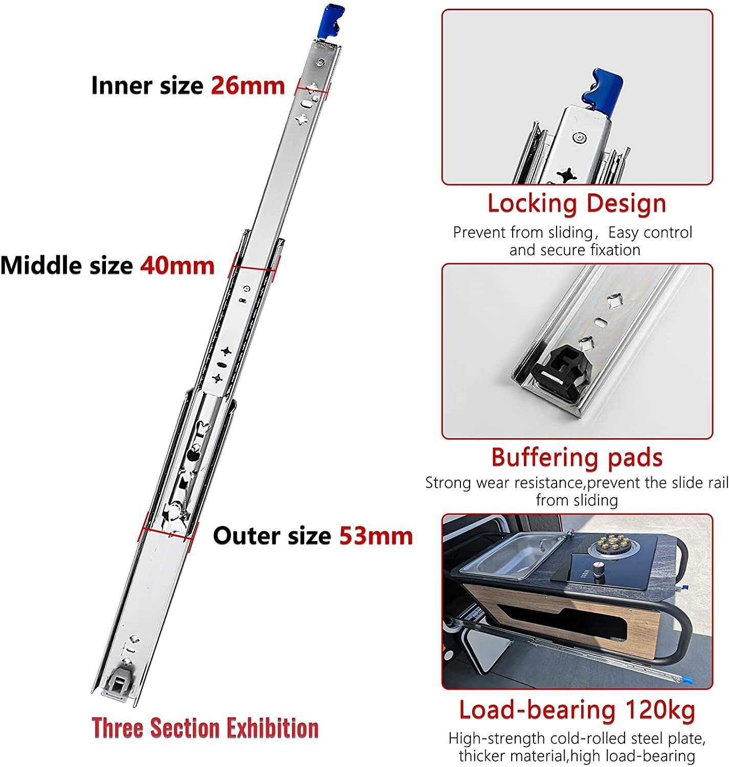 Locking Drawer Slides 400mm (800mm Extended) 125KG Heavy Duty Draw ...