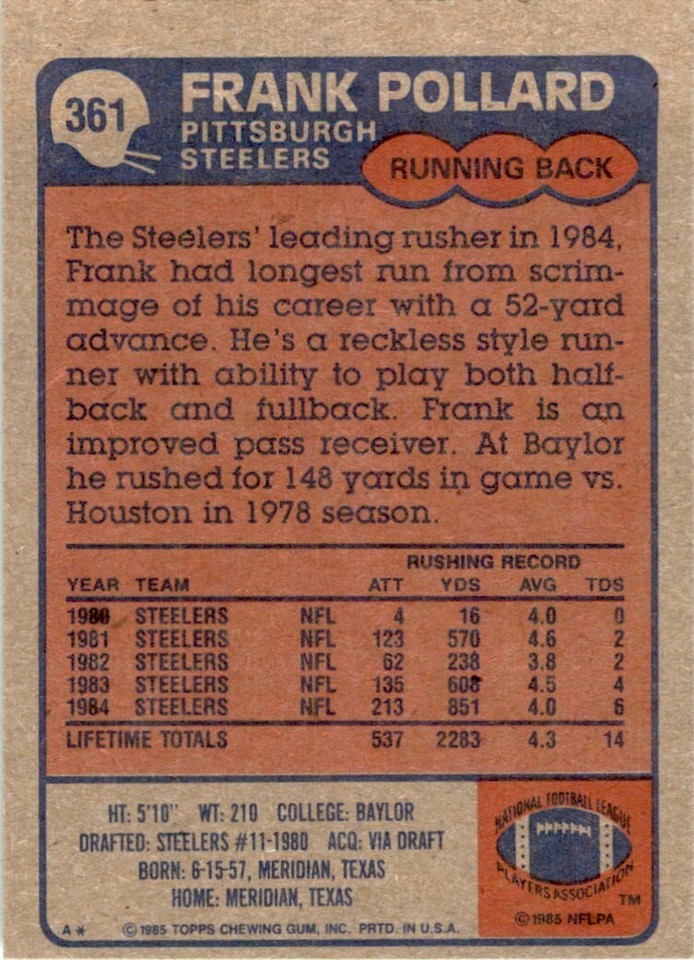 1985 TOPPS FRANK POLLARD PITTSBURGH STEELERS #361 | eBay