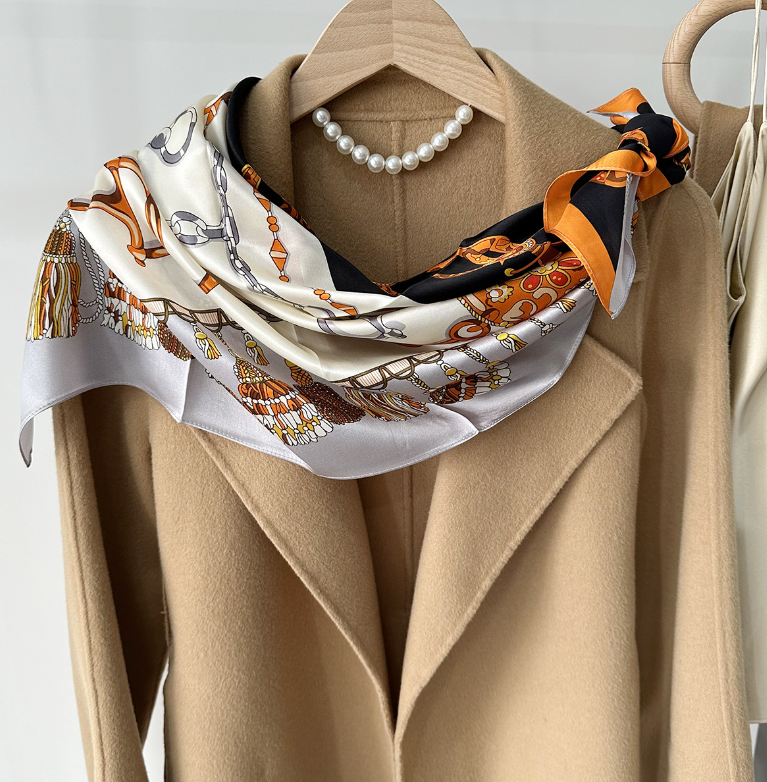 Pure 12 Momme 100% Silk Wrap Scarf Bandanna Orange chain Print Square ...
