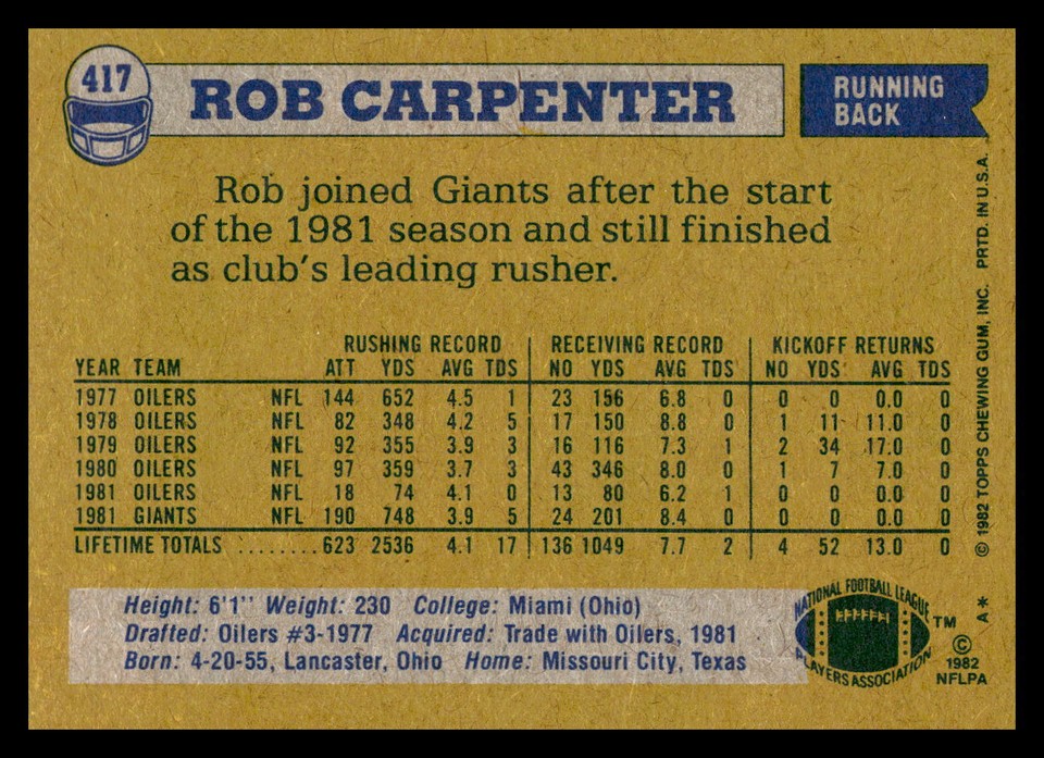 1982 Topps #417 Rob Carpenter New York Giants Football Card EX | eBay