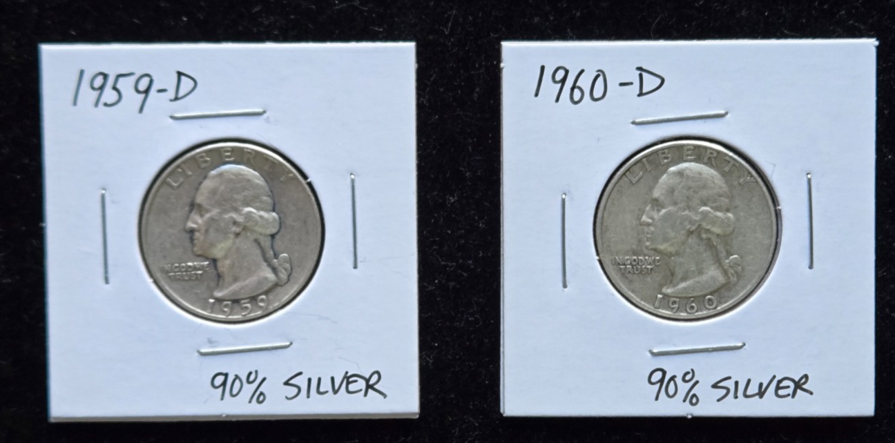 Lot Of (2) Washington Quarters 1959-D and 1960-D 90% Silver🔥 Pre-1964 ...
