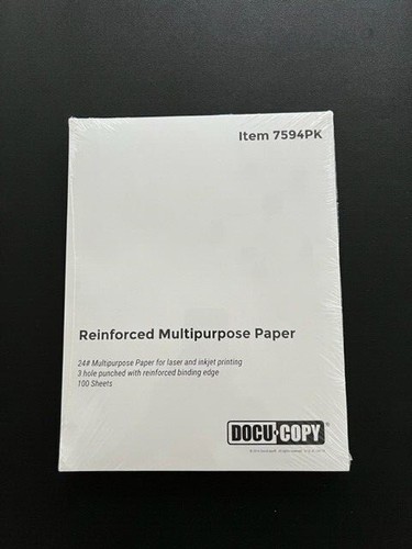 DocuCopy 7594 Reinforced Copy Paper 24lb. 8.5" x 11" 3 Hole Punch 100 ...
