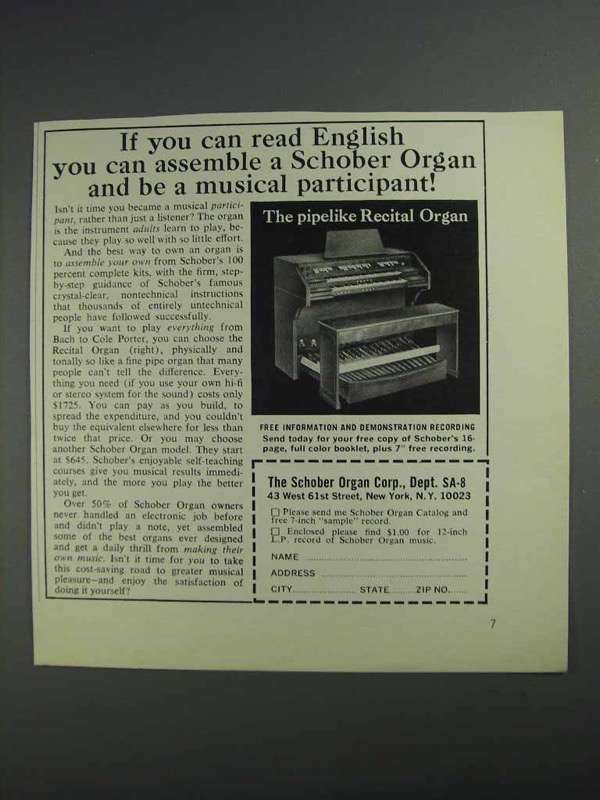 1968 Schober Recital Organ Ad - You Can Assemble | eBay