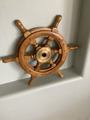 Vintage Captains Ship Wheel Wooden Brass 14 In Across 26 Around Heavy ...