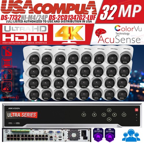 Hikvision 32CH 24 PoE 32MP Camera System 8K NVR 4MP Turret ColorVu ...