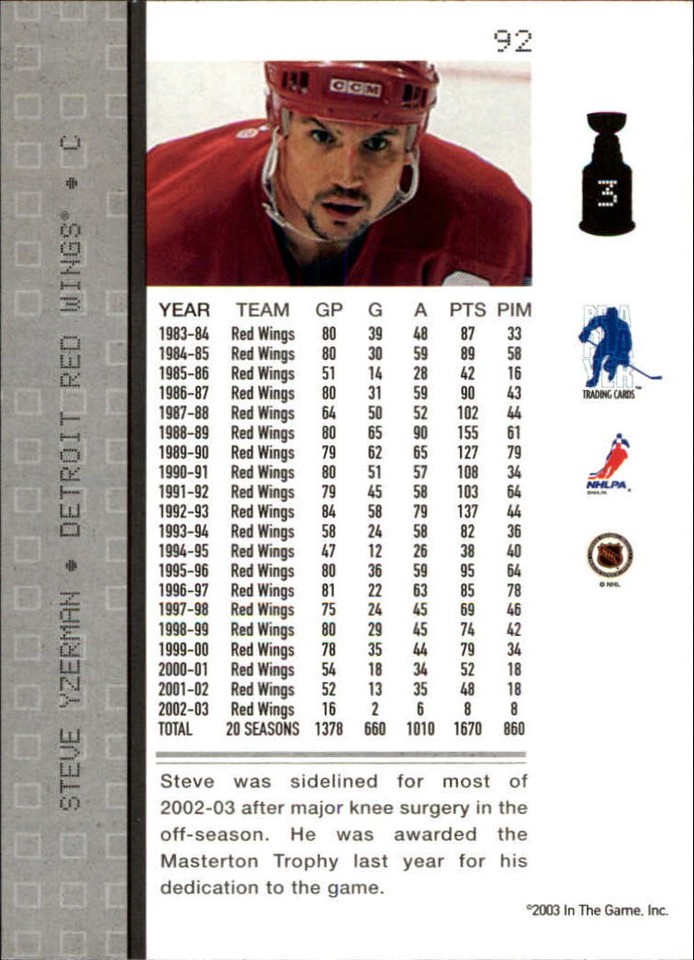 2003-04 BAP Memorabilia Red Wings Hockey Card #92 Steve Yzerman | eBay