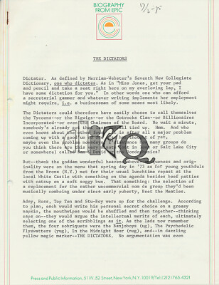 The Dictators - March 17, 1975 [USA] - Press Release | eBay