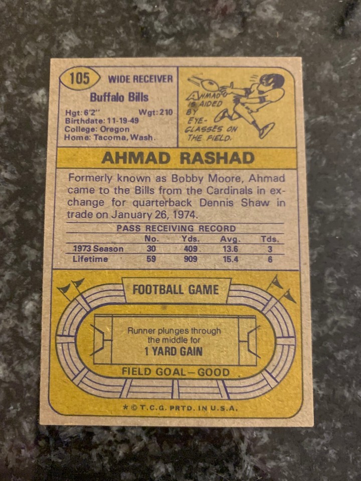 1974 Topps Football #105 AHMAD RASHAD ROOKIE...................VERY ...