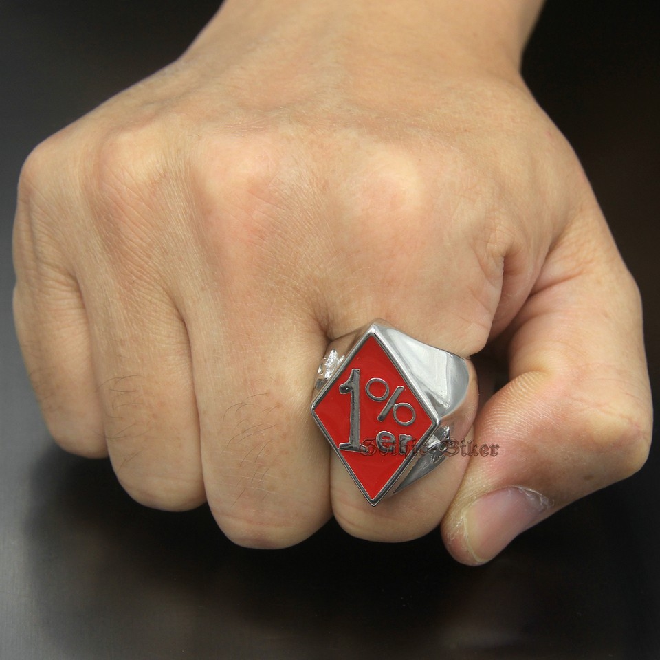 Men 1%er Outlaw Biker One Percenter Ring Red Enamel Silver Stainless ...