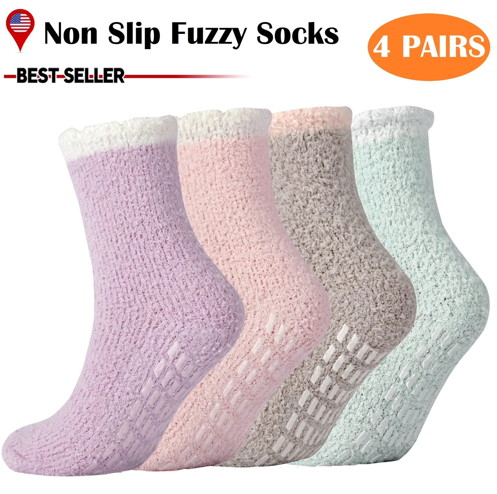 4 Pairs Non Slip Fuzzy Socks Cozy Hospital Grips Socks Soft Fluffy ...