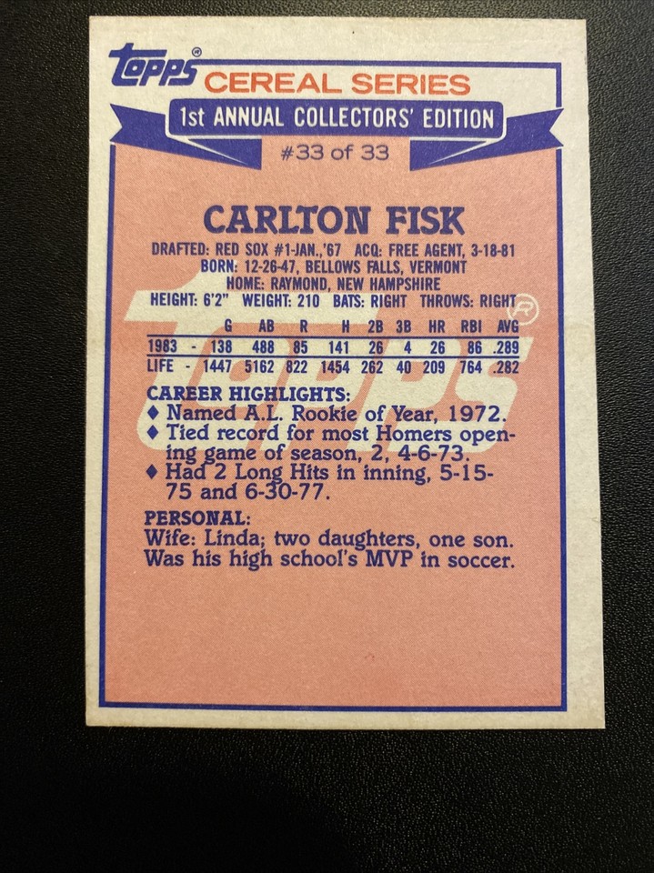 1984 Topps Cereal #33 Carlton Fisk - NM-MT Chicago White Sox | eBay